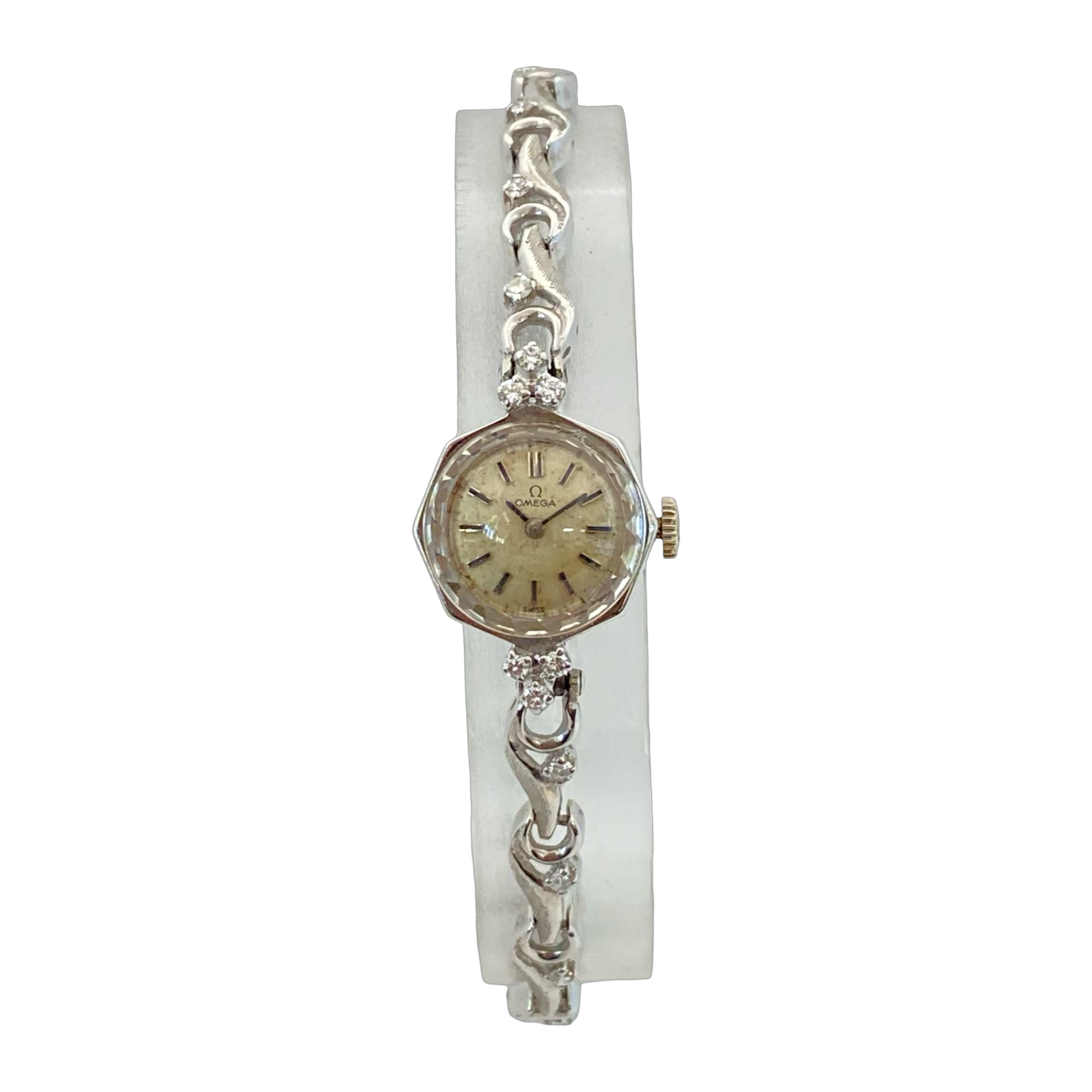 Vintage 14K White Gold Omega Cocktail Watch with Diamonds Manual Wind ...